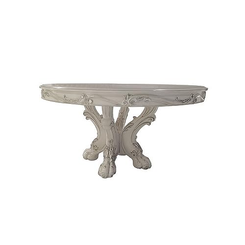 Benjara Aurora 60 Inch Round Dining Table, Scrolled Wood Pedestal Base, Bone White