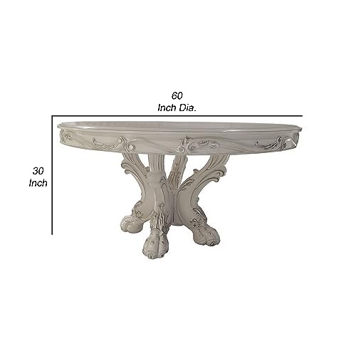 Benjara Aurora 60 Inch Round Dining Table, Scrolled Wood Pedestal Base, Bone White