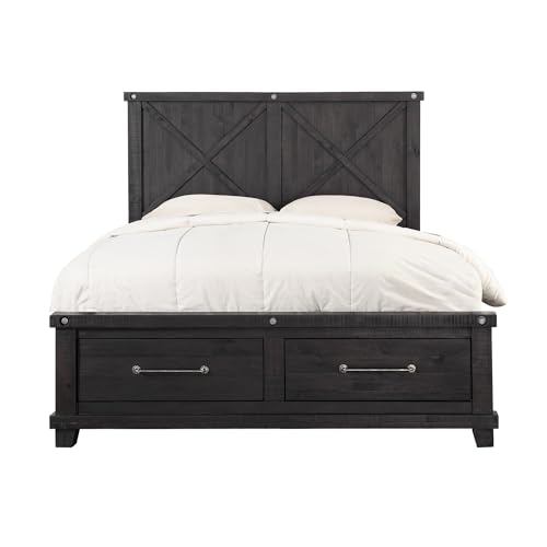 Benjara Liu California King Storage Bed, Crossed Panel, Dark Gray Wood, 2 Drawers