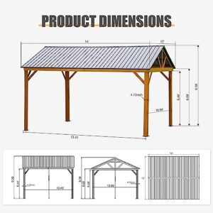 Domi 12'x14' Hardtop Gazebo,Outdoor Permanent Gazebo with Galvanized Steel Gable Roof and Wood Grain Aluminum Frame, Metal Pavilion Gazebo for Patio, Backyard, Deck and Lawns