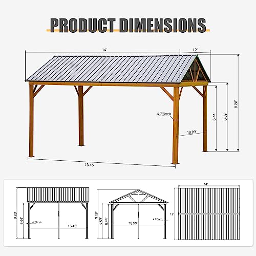 Domi 12'x14' Hardtop Gazebo,Outdoor Permanent Gazebo with Galvanized Steel Gable Roof and Wood Grain Aluminum Frame, Metal Pavilion Gazebo for Patio, Backyard, Deck and Lawns