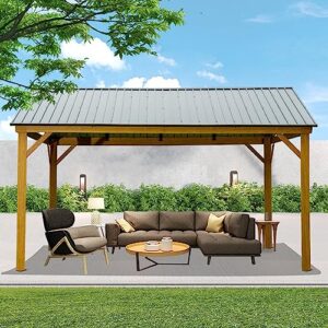 Domi 12'x14' Hardtop Gazebo,Outdoor Permanent Gazebo with Galvanized Steel Gable Roof and Wood Grain Aluminum Frame, Metal Pavilion Gazebo for Patio, Backyard, Deck and Lawns