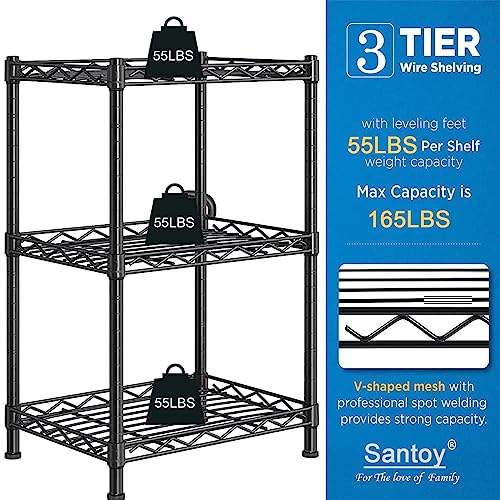 Santoy 3 Tier Storage Shelves Adjustable,Rack Metal Shelf Unit for Kitchen, Bathroom, Pantry, Closet, and Bedroom - Strong Steel Wire Organizer (Black, 17.7" L x 11.8" W x 31.5" H)