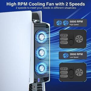 Cooling Fan for PS5, Quiet Cooler Fan with LED Lights and USB3.0 Hubs for PS5 Cooling Fan, Upgraded Efficient Cooling System for PS5 Accessories, Compatible with PlayStation 5 Digital & Discs Edition