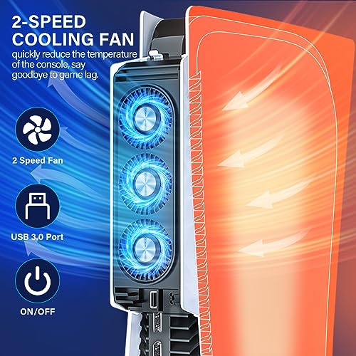 Cooling Fan for PS5, Quiet Cooler Fan with LED Lights and USB3.0 Hubs for PS5 Cooling Fan, Upgraded Efficient Cooling System for PS5 Accessories, Compatible with PlayStation 5 Digital & Discs Edition