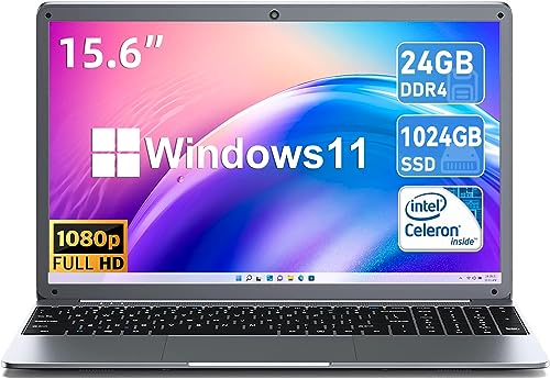 SGIN Laptop 24GB RAM 1024GB SSD, 15.6 Inch Laptops with Intel Celeron Quad-Core Processor(up to 2.9 GHz), Full HD 1080P Screen, Mini HDMI, 2.4/5.0G WiFi Webcam, Bluetooth 4.2, Grey