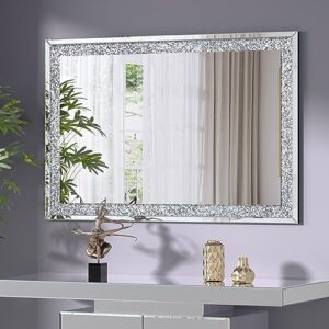 muausu crystal crush diamond mirror 46.5"x30.6" rectangular silver mirrors for wall decor large decorative wall mirror for living room bedroom