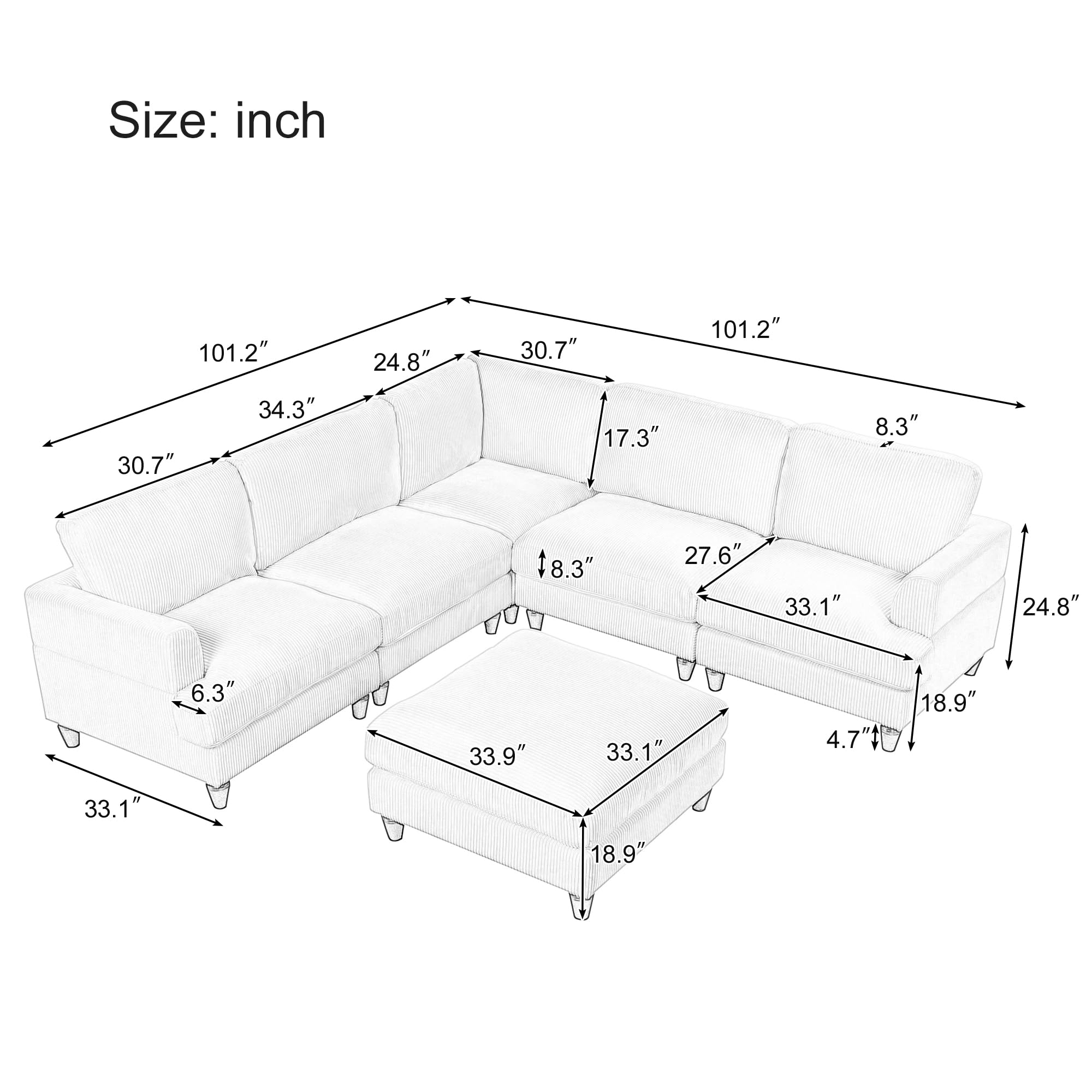 Eafurn L Shaped Modular Sectional Reversible Chaise and Ottoman, Corduroy Symmetrical Corner, Oversized Convertible Sleeper Sofa & Couch Bed for Living Room, Beige 6 Seater