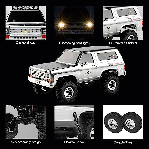 FairRc Mod 1/24 RC Crawler FCX24 Chevy K5 Blazer, Mini RC Car Pick Up Truck & SUV 2 in 1, 4WD 8km/h 2 Speeds Switch, 2.4GHz 3CH RC Model with LED Lights for Adults, Silver Without Stickers