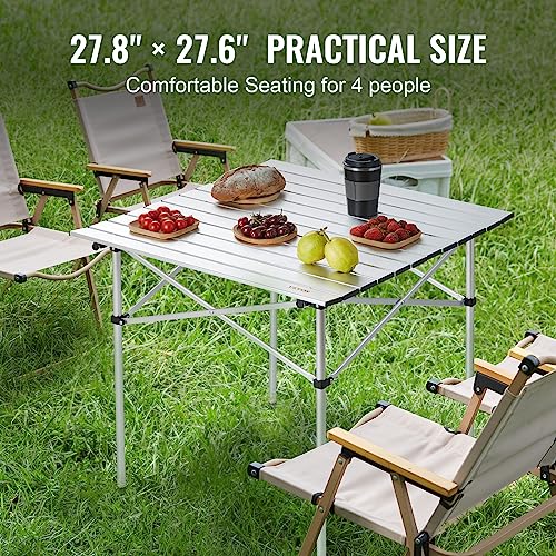 VEVOR Folding Camping Table, Outdoor Portable Lightweight Aluminum Ultra Compact Snap-Together Design with Carry Bag, for Cooking, Beach, Picnic, Travel, Grilling, 28'' x 28'', Silver