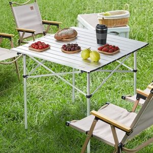 VEVOR Folding Camping Table, Outdoor Portable Lightweight Aluminum Ultra Compact Snap-Together Design with Carry Bag, for Cooking, Beach, Picnic, Travel, Grilling, 28'' x 28'', Silver