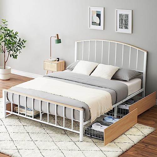 Amyove Queen Size Platform Bed Frame with 4 Storage Drawers, Mattress Foundation with Headboard & Footboard, Metal Platform Bed Steel Slat Support/No Box Spring Needed