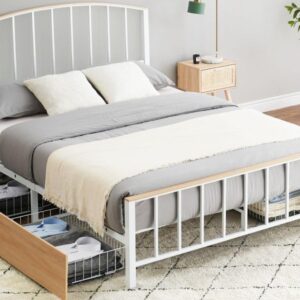 Amyove Queen Size Platform Bed Frame with 4 Storage Drawers, Mattress Foundation with Headboard & Footboard, Metal Platform Bed Steel Slat Support/No Box Spring Needed