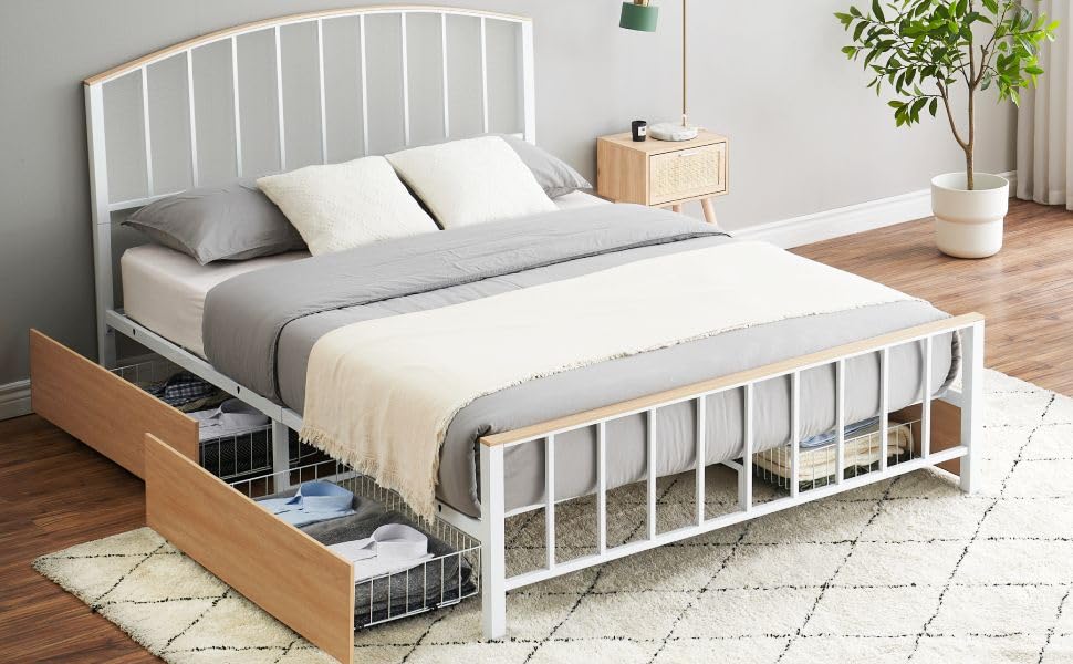 Amyove Queen Size Platform Bed Frame with 4 Storage Drawers, Mattress Foundation with Headboard & Footboard, Metal Platform Bed Steel Slat Support/No Box Spring Needed