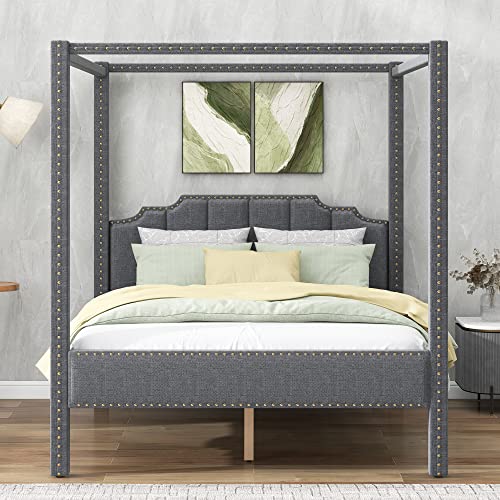 Verfur Queen Size Upholstery Canopy Bed Frame, Four-Poster Canopied Platform Bed Frame with Headboard, Sturdy Wood Slatted Structure, No Box Spring Needed, Easy Assembly