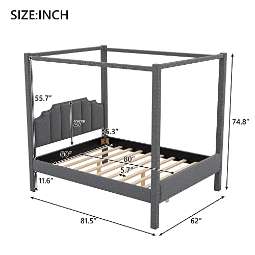 Verfur Queen Size Upholstery Canopy Bed Frame, Four-Poster Canopied Platform Bed Frame with Headboard, Sturdy Wood Slatted Structure, No Box Spring Needed, Easy Assembly