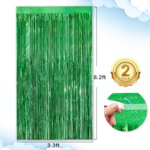 Green Party Streamers 2Pack Foil Fringe Curtains 3.3 x 8.3ft Door Streamers Metallic Tinsel Curtain New Year Party Decors Glitter Streamers Decors Photo Booth Tinsel Streamers Birthday Party Decors