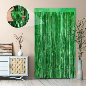 Green Party Streamers 2Pack Foil Fringe Curtains 3.3 x 8.3ft Door Streamers Metallic Tinsel Curtain New Year Party Decors Glitter Streamers Decors Photo Booth Tinsel Streamers Birthday Party Decors