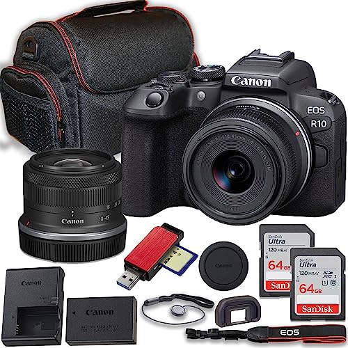 Canon EOS R10 Mirrorless Camera with Canon RF-S 18-45mm f/4.5-6.3 is STM Lens + 2X 64GB Memory Cards + Accessories Including: Case, Card Reader & More (Renewed)