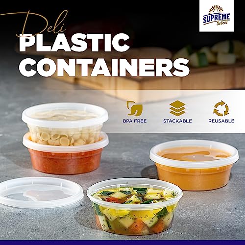 Supreme Select Deli Plastic Storage Containers with Lids [24 pack] 8 Oz - Reusable Food Containers for Home & Business- Microwavable & Freezer friendly- Dishwasher safe - Secure & Tight fitting Covers