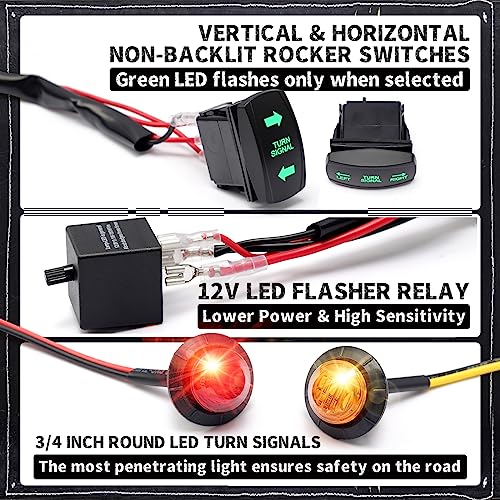 Pre-wired ATV UTV Turn Signal Kit, Universal Street Legal Kit with Rocker Switch Flasher Relay Compatible with Polaris RZR Ranger Turbo Can-Am, Side by Side Turn Signal Light Set (Vertical&Horizontal)