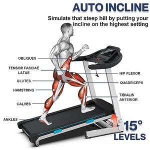 Foldable Treadmill Auto Incline 15 Levels for Home 350 lbs Capacity 3.0 HP, Smart Treadmill with Heart Rate Monitor|Music Player|LED Console Display|Preset Program, Work with Zwift Kinomap WELLFIT App