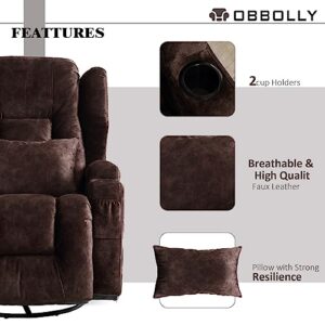 OBBOLLY Swivel Rocker Recliner Chair - Manual Glider Rocking Recliner Chair, Wingback Design 360° Swivel Lounge Chair with Lumbar Pillow, Cup Holders, Side Pockets for Living Room, Velvet, Brown