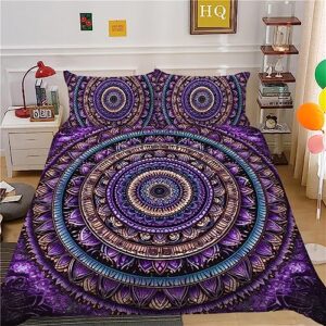 purple mandala duvet cover, full size boho chic exotic bedding set, 4pcs girl adult mandala flowers comforter cover, with 2 pillow shams 1 bed sheet, bohemian art geometric forms pattern duvet cover