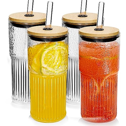 ANOTION Glass Cups with Lids and Straws 22oz - Coffee Cups Drinking Glasses Iced Coffee Cup Smoothie Cup Glass Tumbler Water Glasses Ribbed Glassware Clear Cups Travel Coffee Mug Glasses Drinking Set