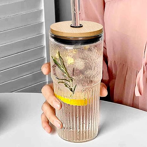 ANOTION Glass Cups with Lids and Straws 22oz - Coffee Cups Drinking Glasses Iced Coffee Cup Smoothie Cup Glass Tumbler Water Glasses Ribbed Glassware Clear Cups Travel Coffee Mug Glasses Drinking Set