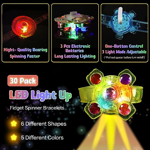 30Pcs LED Light Up Bracelet, Party Favors for Kids, Light Up Fidget Spinner Bracelets, Glow in The Dark Party Supplies, Classroom Prizes, Return Gifts, Halloween Christmas Goodie Bag Stuffers