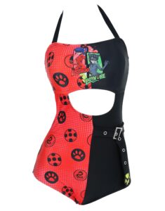 miraculous women's ladybug and lady noir beach halter one piece swimsuit bathing suit (as1, alpha, x_l, regular, regular, black and red)