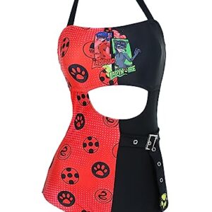 Miraculous Women's Ladybug and Lady Noir Beach Halter One Piece Swimsuit Bathing Suit (as1, Alpha, m, Regular, Regular, Black and Red)