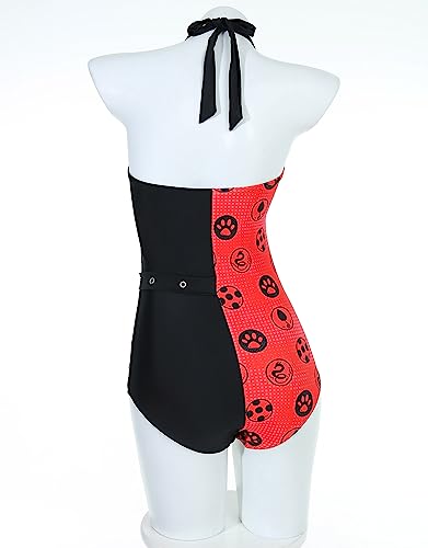 Miraculous Women's Ladybug and Lady Noir Beach Halter One Piece Swimsuit Bathing Suit (as1, Alpha, m, Regular, Regular, Black and Red)