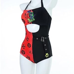 Miraculous Women's Ladybug and Lady Noir Beach Halter One Piece Swimsuit Bathing Suit (as1, Alpha, m, Regular, Regular, Black and Red)