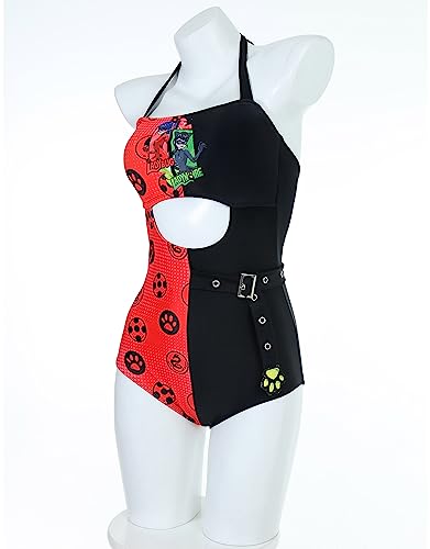 Miraculous Women's Ladybug and Lady Noir Beach Halter One Piece Swimsuit Bathing Suit (as1, Alpha, m, Regular, Regular, Black and Red)