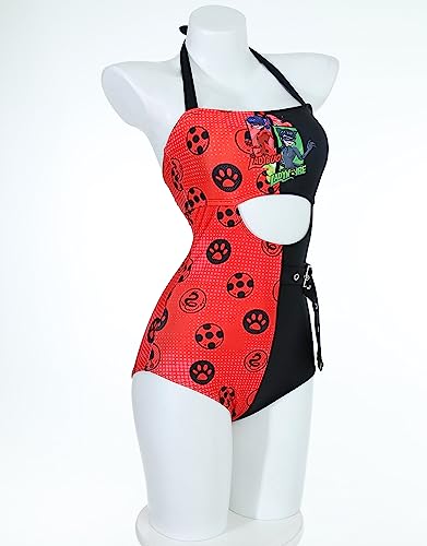 Miraculous Women's Ladybug and Lady Noir Beach Halter One Piece Swimsuit Bathing Suit (as1, Alpha, m, Regular, Regular, Black and Red)