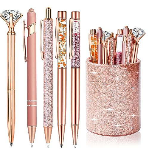 8 Pcs Rose Gold Ballpoint Pen with Pen Holder, Office Supplies Set Glitter Pen Metal Ballpoint Pens Crystal Diamond Pen Black Ink Desk Organizer for Women Girls Rose Gold Desk Accessories Gifts