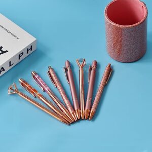 8 Pcs Rose Gold Ballpoint Pen with Pen Holder, Office Supplies Set Glitter Pen Metal Ballpoint Pens Crystal Diamond Pen Black Ink Desk Organizer for Women Girls Rose Gold Desk Accessories Gifts