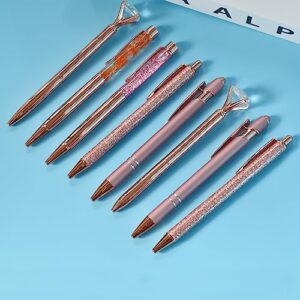 8 Pcs Rose Gold Ballpoint Pen with Pen Holder, Office Supplies Set Glitter Pen Metal Ballpoint Pens Crystal Diamond Pen Black Ink Desk Organizer for Women Girls Rose Gold Desk Accessories Gifts