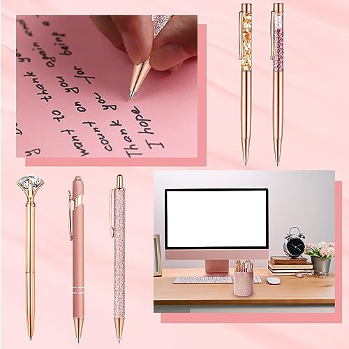 8 Pcs Rose Gold Ballpoint Pen with Pen Holder, Office Supplies Set Glitter Pen Metal Ballpoint Pens Crystal Diamond Pen Black Ink Desk Organizer for Women Girls Rose Gold Desk Accessories Gifts