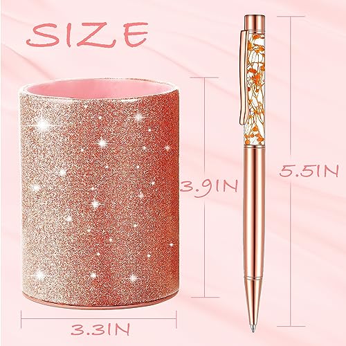 8 Pcs Rose Gold Ballpoint Pen with Pen Holder, Office Supplies Set Glitter Pen Metal Ballpoint Pens Crystal Diamond Pen Black Ink Desk Organizer for Women Girls Rose Gold Desk Accessories Gifts