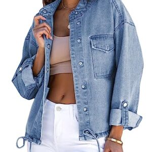 Dokotoo Jean Jackets for Women Cropped Jackets Fashion Spring Fall 2023 Casual Long Sleeve Utility Cargo Denim Jacket Button Down Trucker Shacket Jackets Coat with Pockets Sky Blue Medium