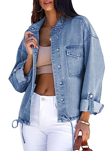 Dokotoo Jean Jackets for Women Cropped Jackets Fashion Spring Fall 2023 Casual Long Sleeve Utility Cargo Denim Jacket Button Down Trucker Shacket Jackets Coat with Pockets Sky Blue Medium