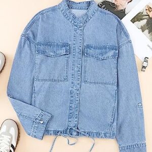 Dokotoo Jean Jackets for Women Cropped Jackets Fashion Spring Fall 2023 Casual Long Sleeve Utility Cargo Denim Jacket Button Down Trucker Shacket Jackets Coat with Pockets Sky Blue Medium