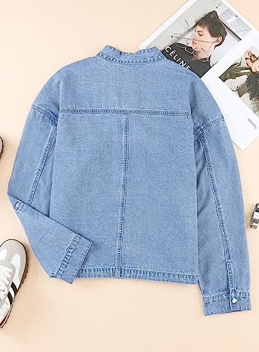 Dokotoo Jean Jackets for Women Cropped Jackets Fashion Spring Fall 2023 Casual Long Sleeve Utility Cargo Denim Jacket Button Down Trucker Shacket Jackets Coat with Pockets Sky Blue Medium