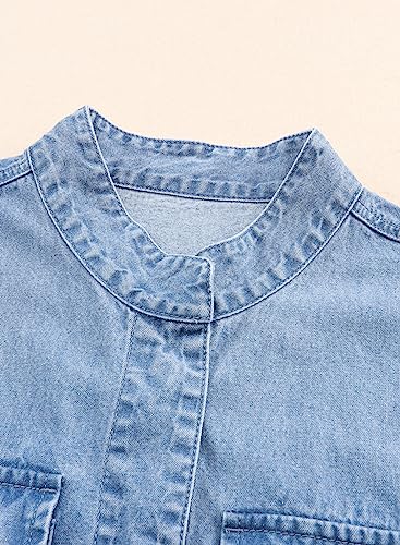 Dokotoo Jean Jackets for Women Cropped Jackets Fashion Spring Fall 2023 Casual Long Sleeve Utility Cargo Denim Jacket Button Down Trucker Shacket Jackets Coat with Pockets Sky Blue Medium