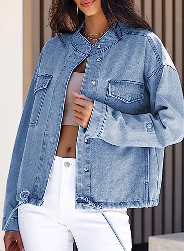 Dokotoo Jean Jackets for Women Cropped Jackets Fashion Spring Fall 2023 Casual Long Sleeve Utility Cargo Denim Jacket Button Down Trucker Shacket Jackets Coat with Pockets Sky Blue Medium