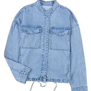 Dokotoo Jean Jackets for Women Cropped Jackets Fashion Spring Fall 2023 Casual Long Sleeve Utility Cargo Denim Jacket Button Down Trucker Shacket Jackets Coat with Pockets Sky Blue Medium