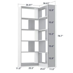 Cozy Castle 78" Tall Corner Bookcase,5 Tier Corner Bookshelf with L Shaped Design, Modern Display Corner Shelves for Living Room, Bedroom and Office, White